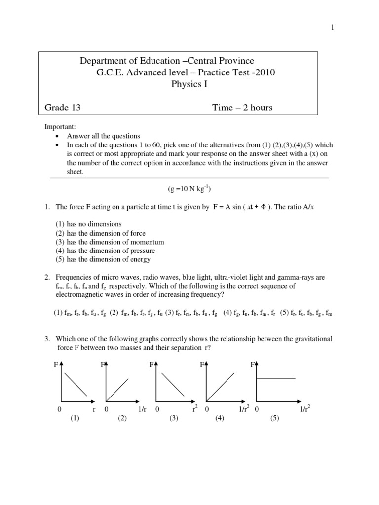 Advanced Level Model Physics Paper 1 | PDF | Electron | Waves