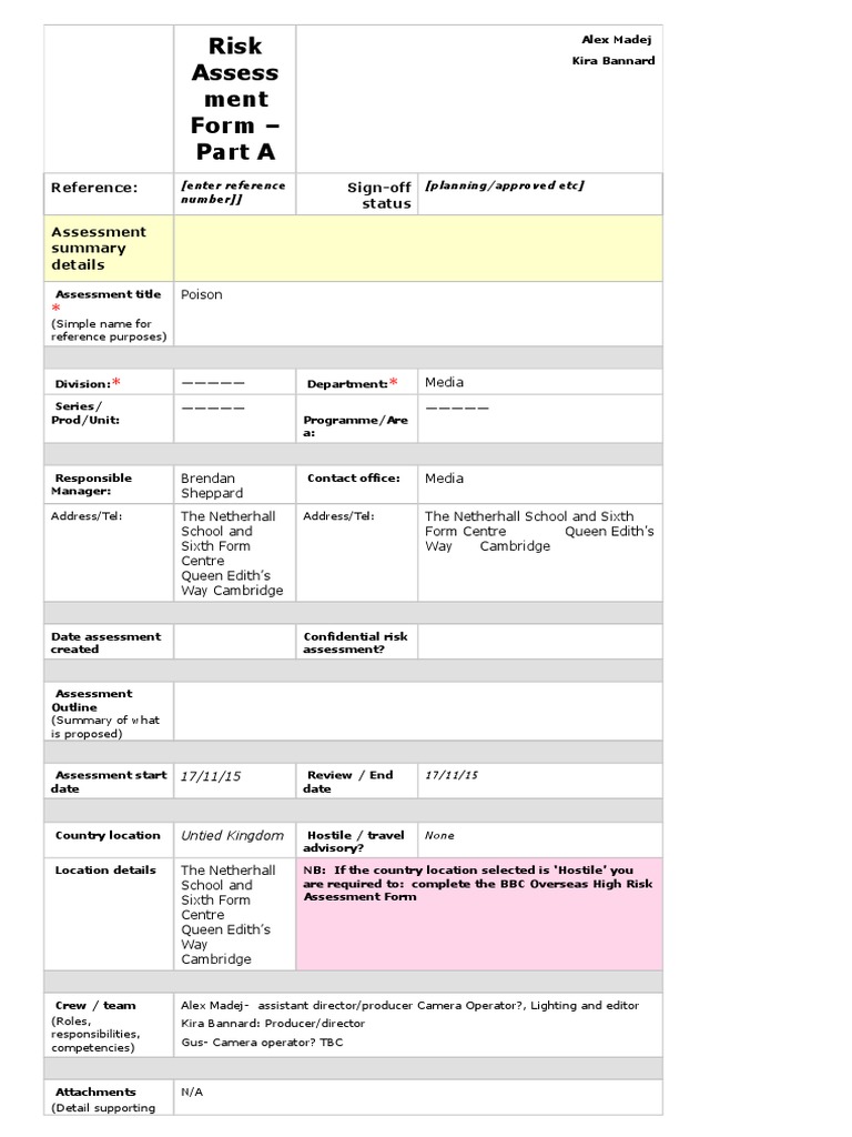 Risk Assess Ment Form - Part A: Reference: Sign-Off Status Assessment ...