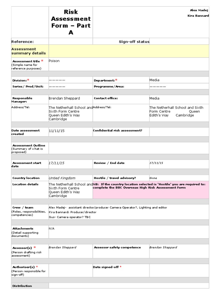 Risk Assessment Form - Part A: Reference: Sign-Off Status Assessment ...