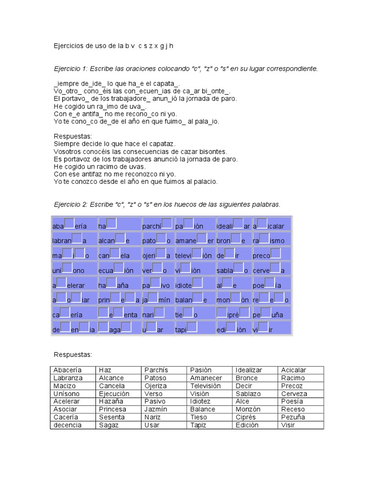Ejercicios de uso de la b v c s z x g j h.doc | Naturaleza