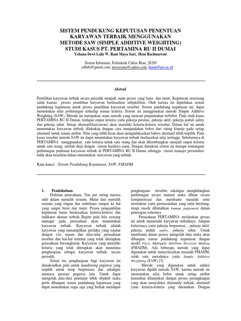 YDL Sistem Pendukung Keputusan Penentuan Karyawan Terbaik Menggunakan Metode Saw Simple Additive ...