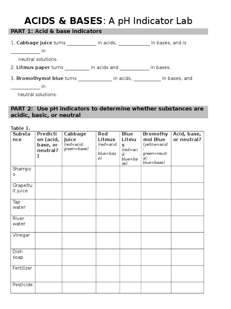ACIDS & BASES: A PH Indicator Lab: PART 1: Acid & Base Indicators | PDF