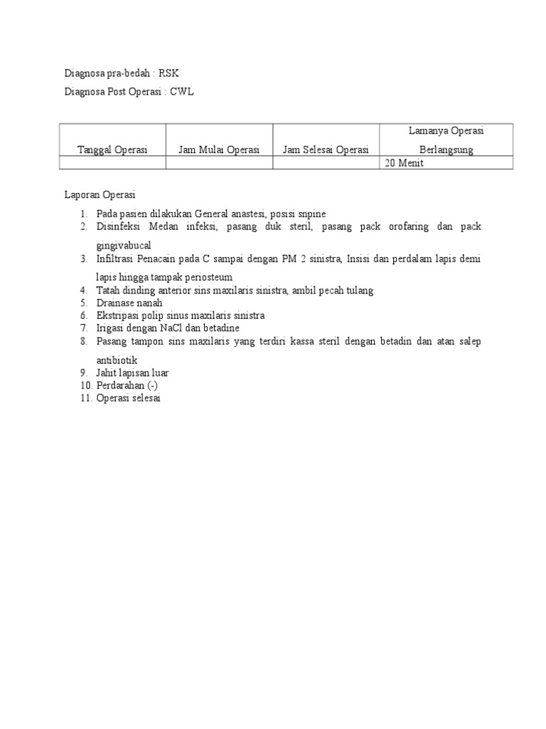 Laporan Post Operasi THT CWL Koass | PDF