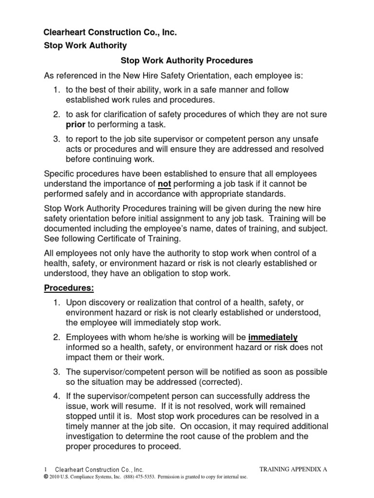 Clearheart Construction Co., Inc.: Stop Work Authority Stop Work ...