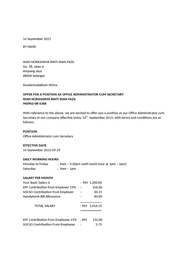 Example Letter Offer For Company | PDF | Overtime | Salary