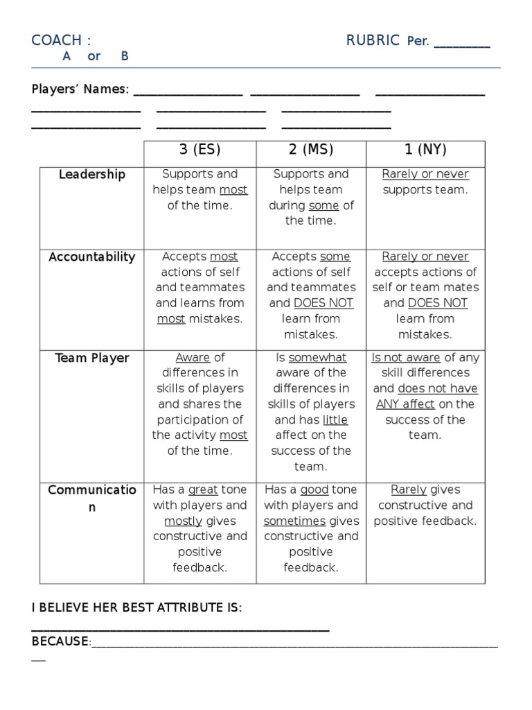 Coachs and Players Rubric | PDF | Career & Growth