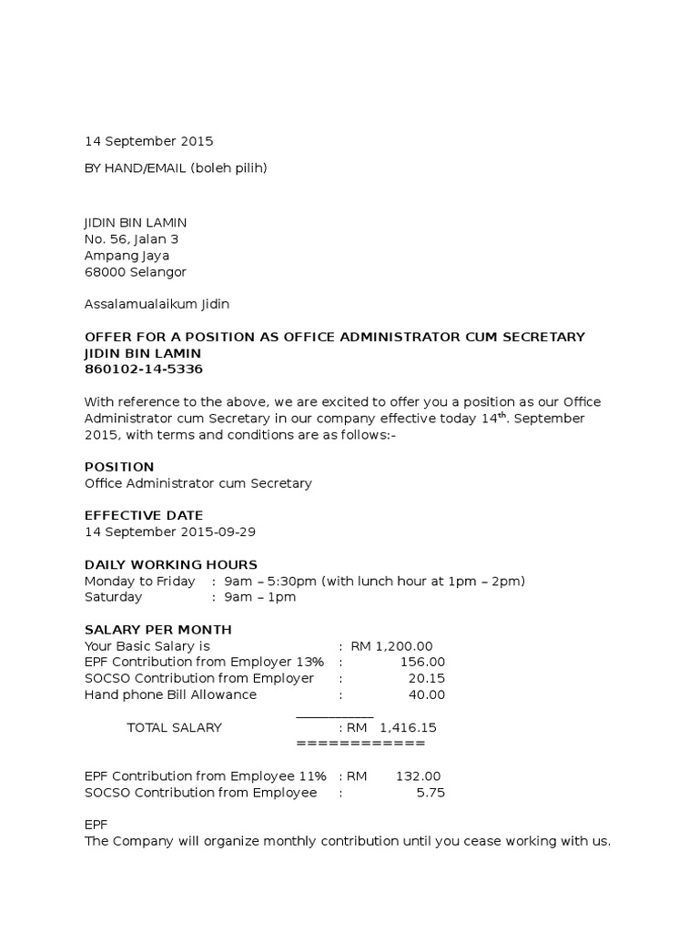 Example Letter Offer For Company | PDF | Overtime | Salary
