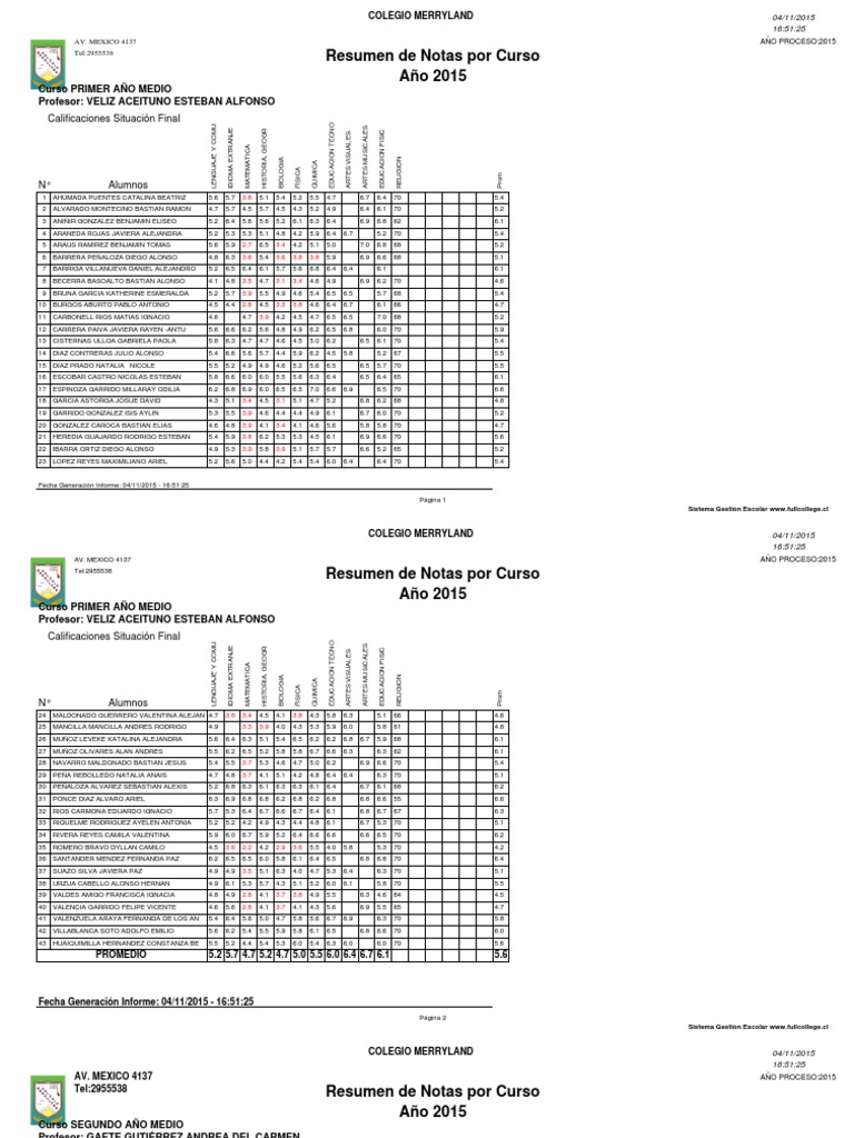 Resumen de Notas 2015 Colegio Merryland | PDF