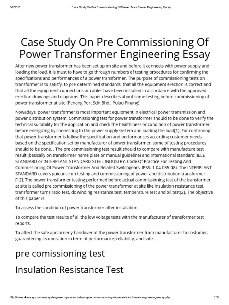 Case Study On Pre Commissioning of Power Transformer Engineering Essay | PDF | Transformer ...