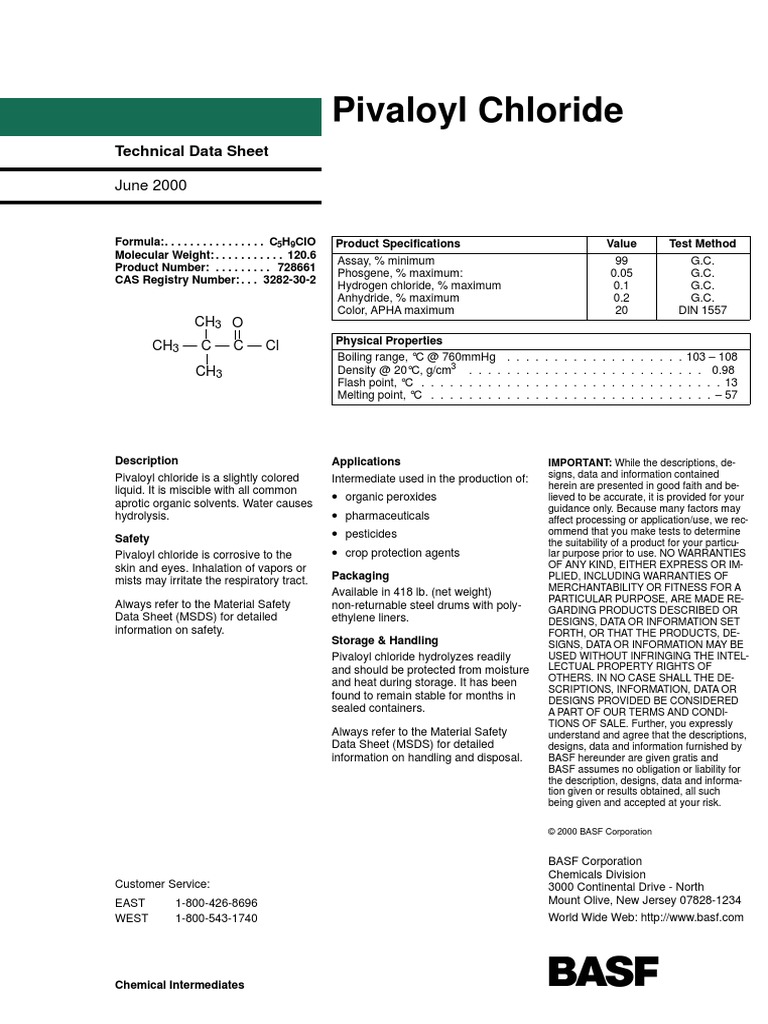 Pivaloyl Chloride: Technical Data Sheet | PDF | Contractual Term | Chloride