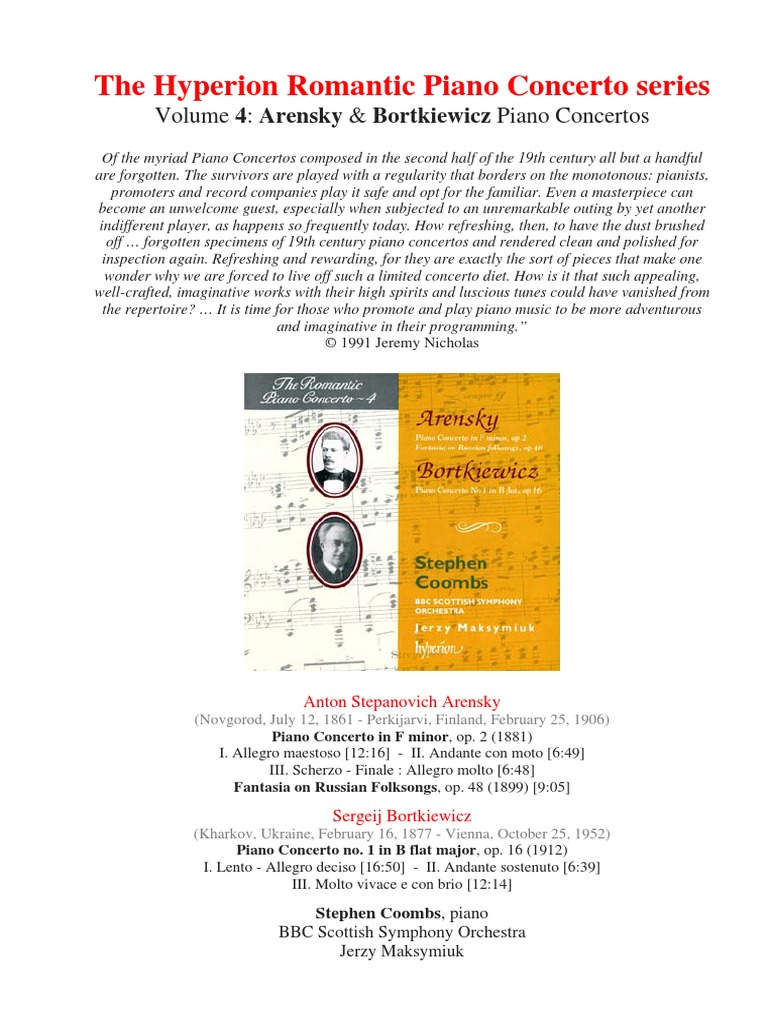 The Hyperion Romantic Piano Concerto Series: Volume 4: Arensky & Bortkiewicz Piano Concertos ...