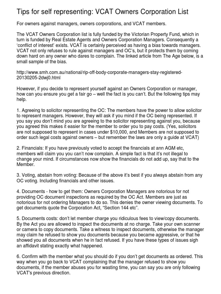 Self Representing VCAT Owners Corporation List | PDF | Bias | Conflict ...