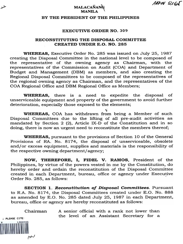 EO-0309-FVR Creation Disposal Committee | Official Documents ...