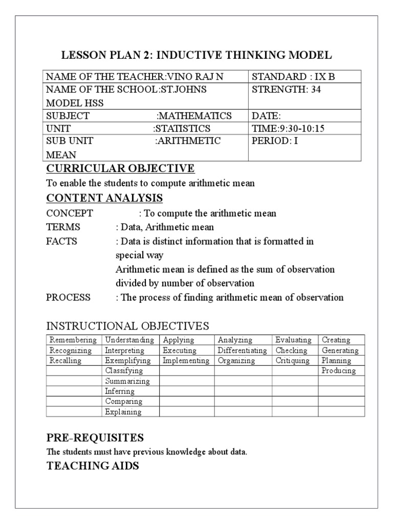 Lesson Plan 2 Inductive Thinking Model | PDF | Lesson Plan | Arithmetic
