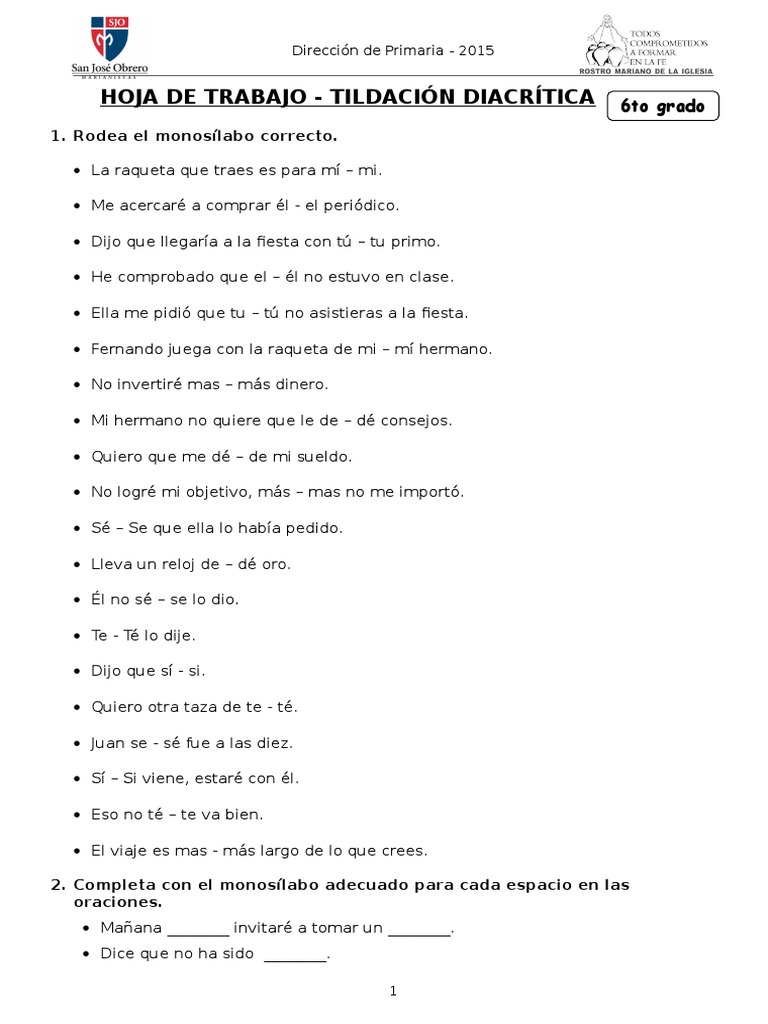Hoja de Ejercicios-Tilde Diacrítica | PDF | Ocio
