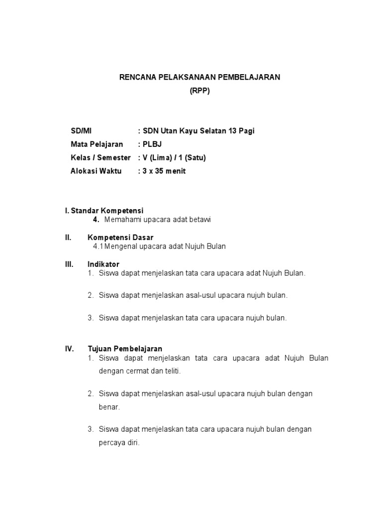 RPP PLBJ Nujuh Bulan Kelas 5 | PDF