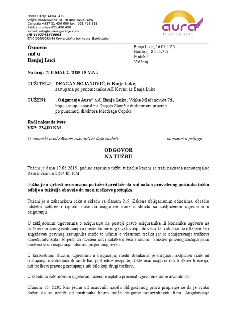 Odgovor Na Tužbu | PDF