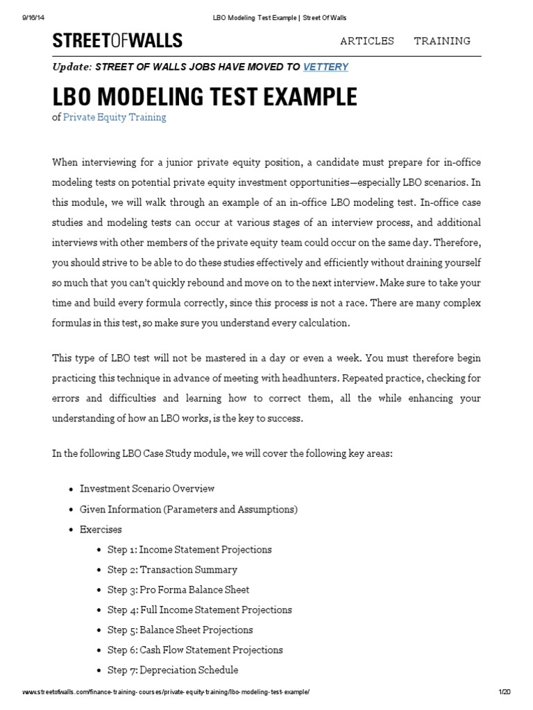 LBO Modeling Test Example - Street of Walls | PDF | Debt | Expense