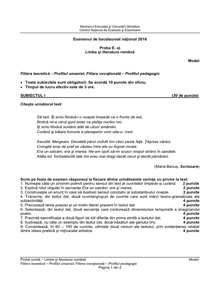 Model de Subiecte Limba Română Bac 2016 | PDF