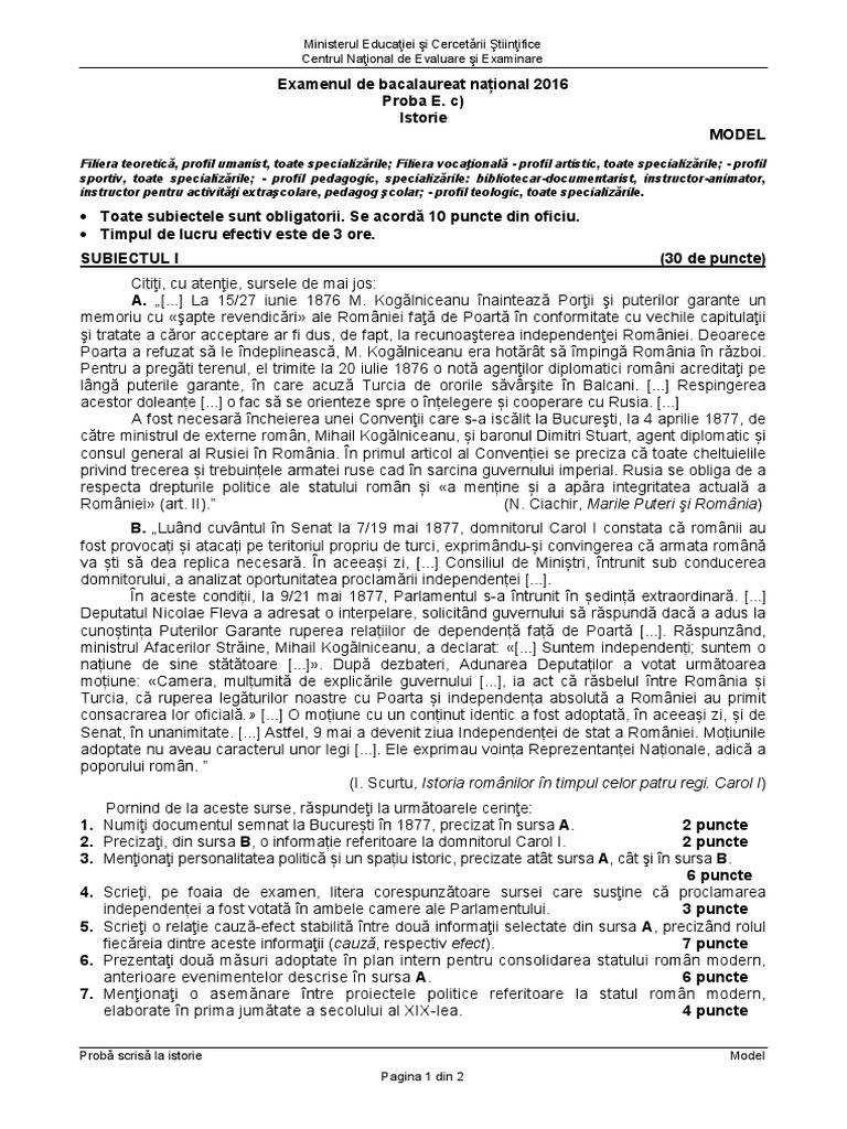 Model Subiecte Istorie Bac 2016 | PDF