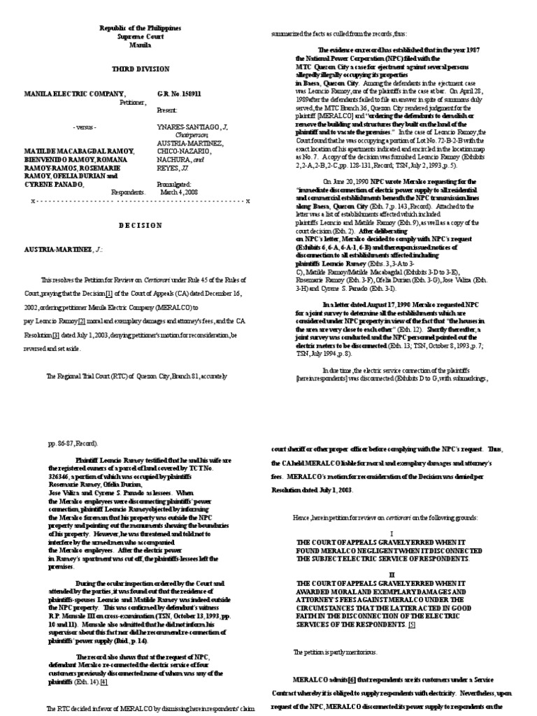 Meralco Vs Ramoy | PDF | Damages | Punitive Damages