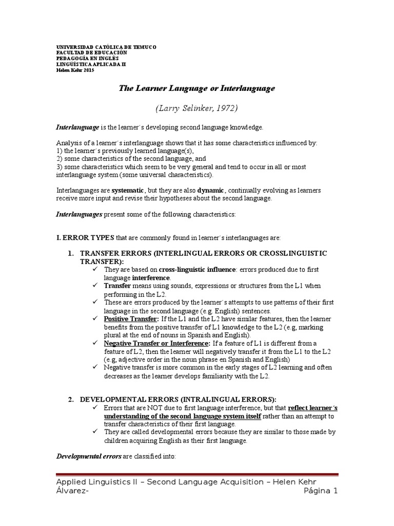 The Learner Language or Interlanguage | PDF | Second Language | Second ...