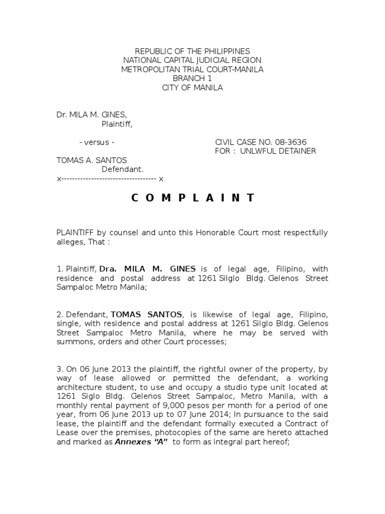 Sample Complaint For Ejectment | PDF | Lease | Lawsuit