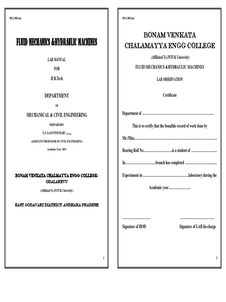FM & HM Lab Lab Manual PDF | PDF | Pressure Measurement | Pump