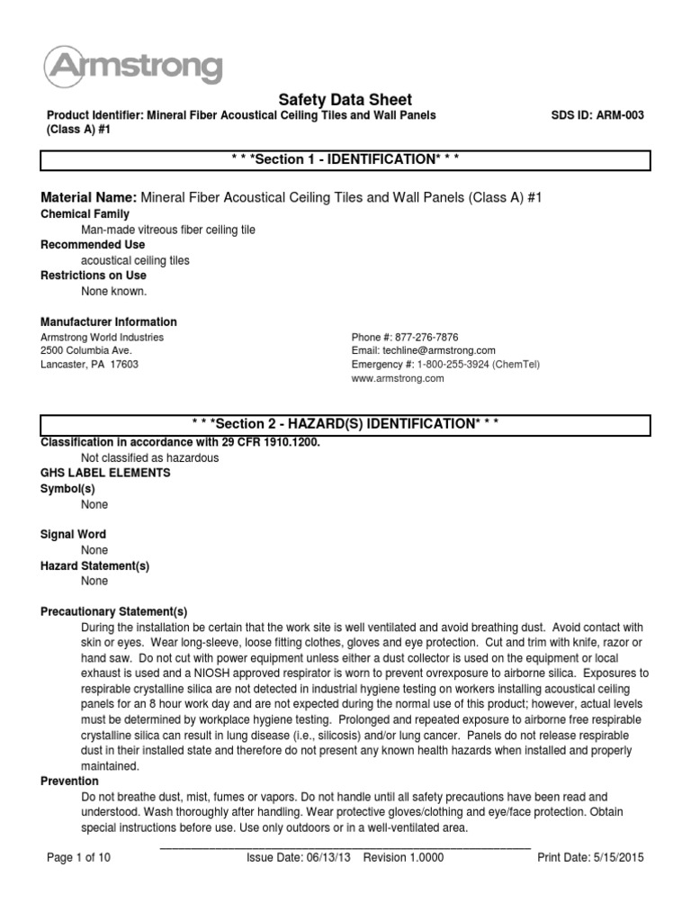 Ceiling Tiles Armstrong Msds | PDF | Dangerous Goods | Personal ...