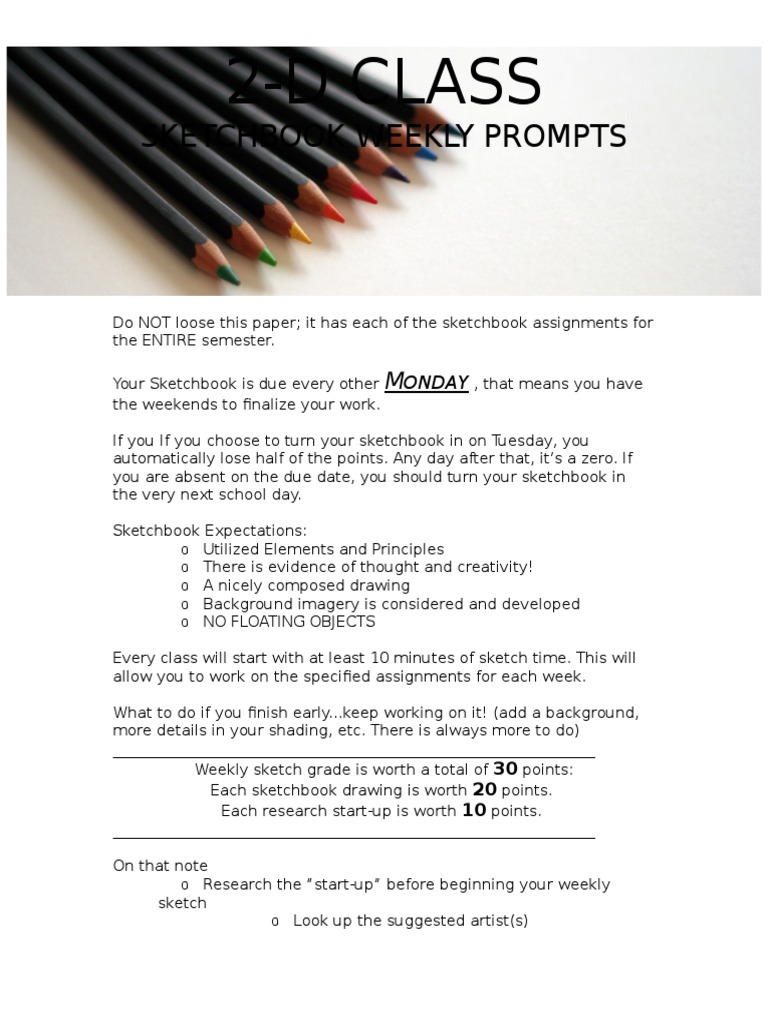2D Class Sketchbook Weekly Prompts | PDF | Drawing | Typography