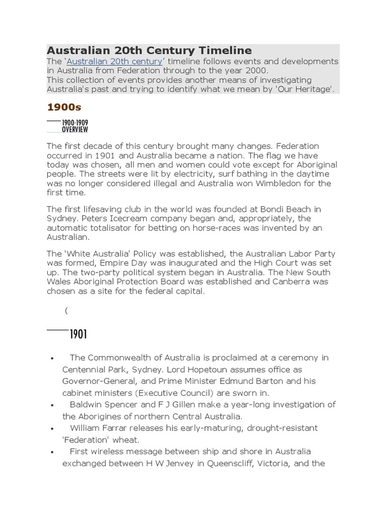 Australian 20th Century Events Timeline | PDF | Australia | Indigenous ...