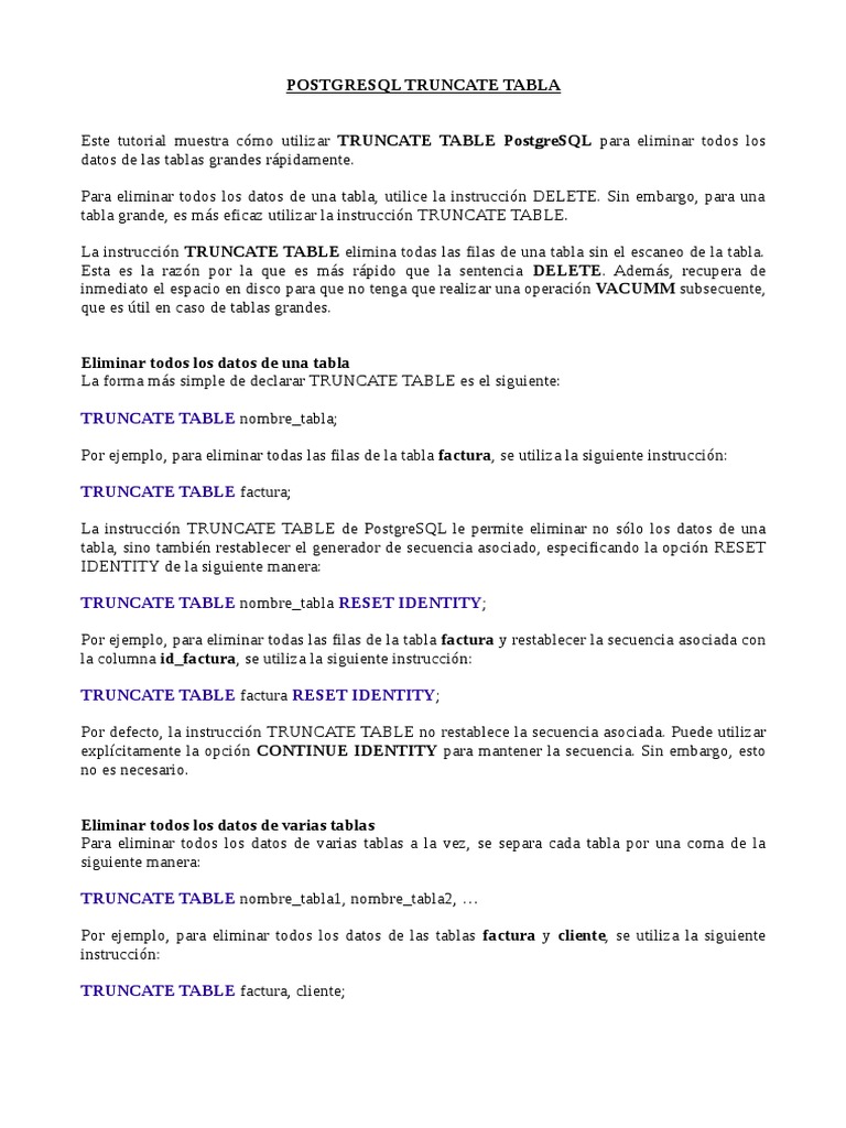 Truncate Table En Postgresql Pdf Tabla Base De Datos Sql
