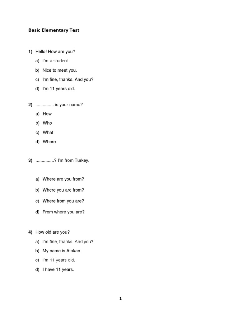 Basic Elementary English Test Questions | PDF