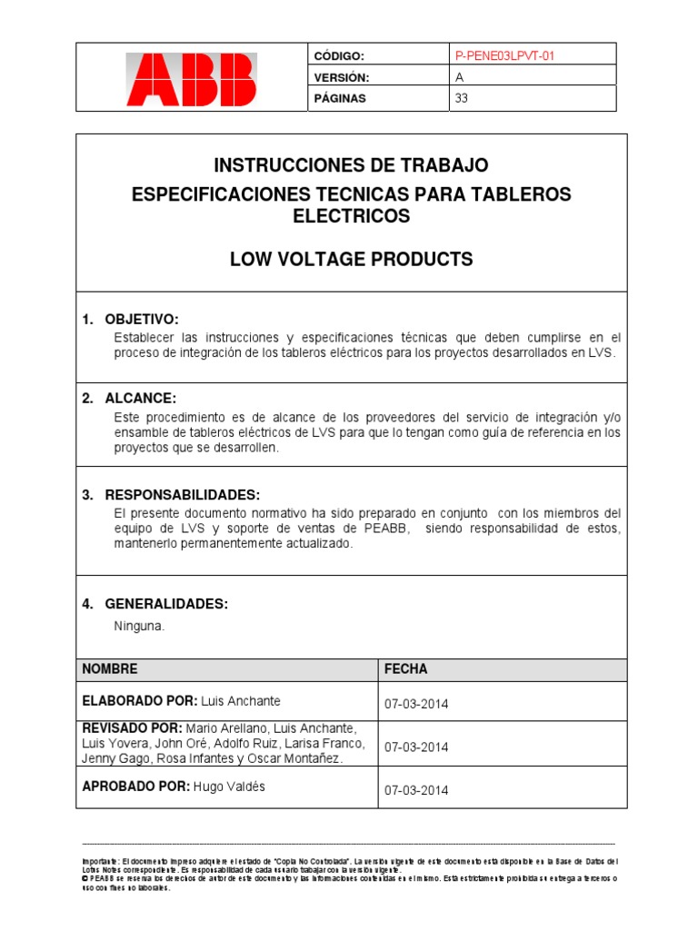 Instrucción de Trabajo 9 - Especificaciones Técnicas Tableros | Cobre ...