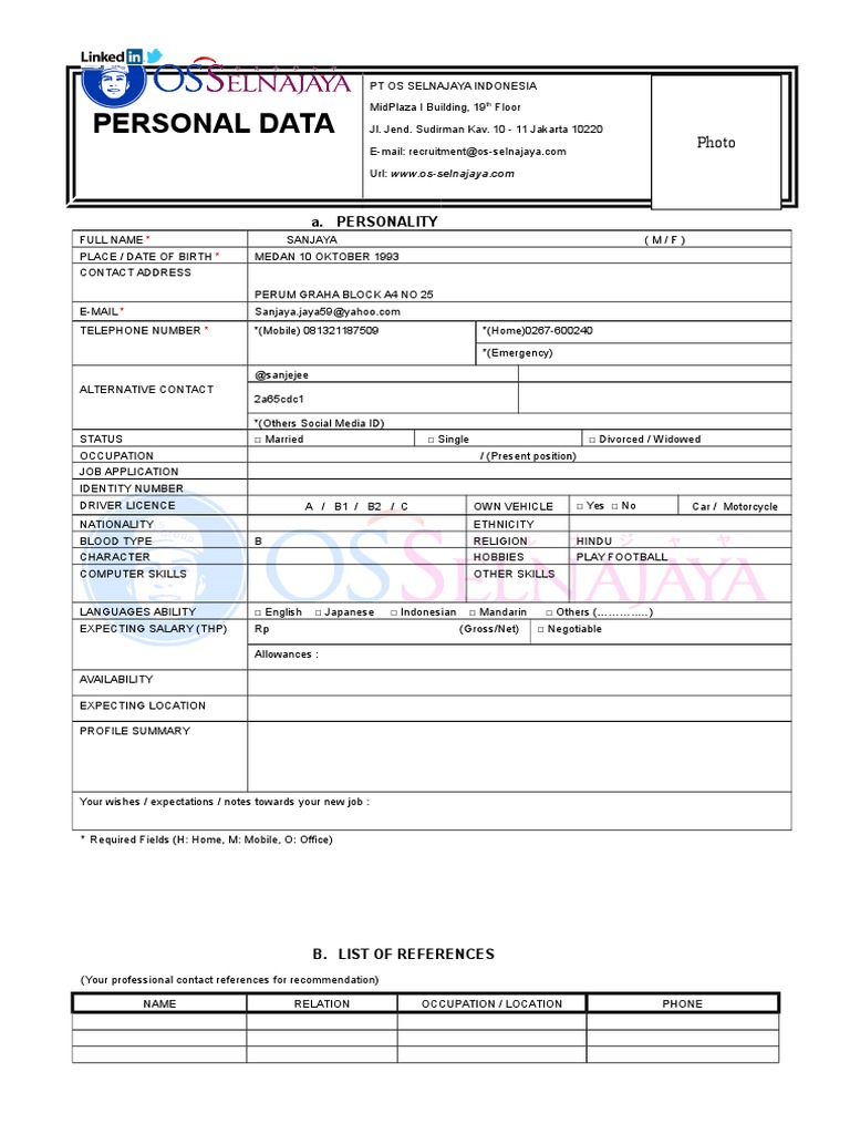 Personal Data Form PT Selnajaya Prima | PDF | Employment | Business
