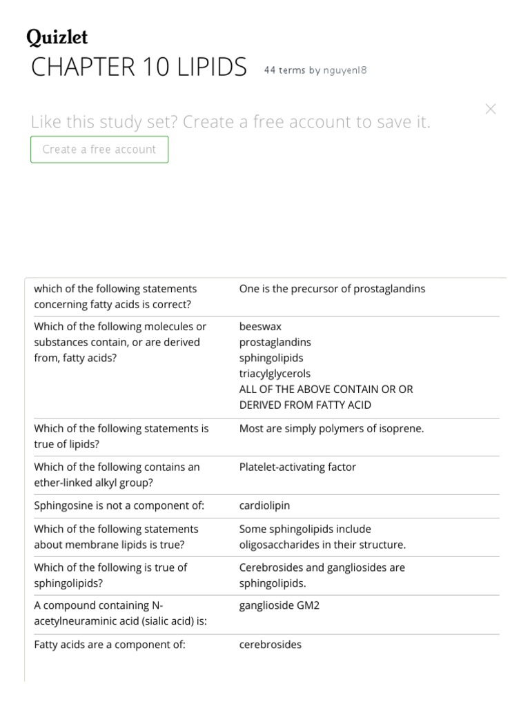 CHAPTER 10 LIPIDS Flashcards - Quizlet | PDF | Lipid | Metabolism