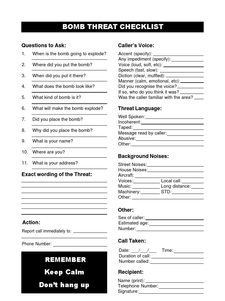 Bomb Threat Check List | PDF