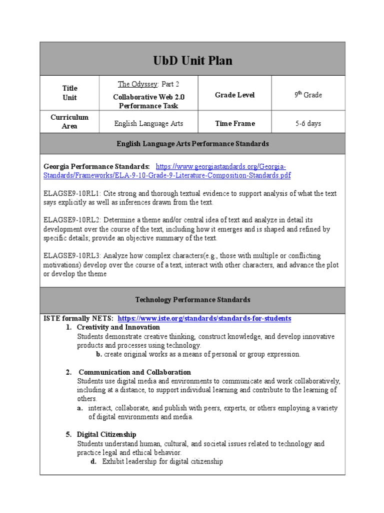 Ubd Unit Plan: Standards/Frameworks/Ela-9-10-Grade-9-Literature ...