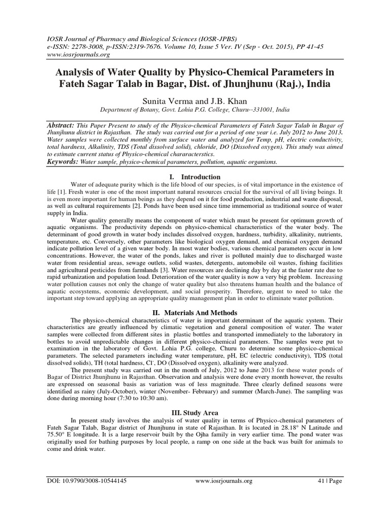Analysis of Water Quality by Physico-Chemical Parameters in Fateh Sagar ...