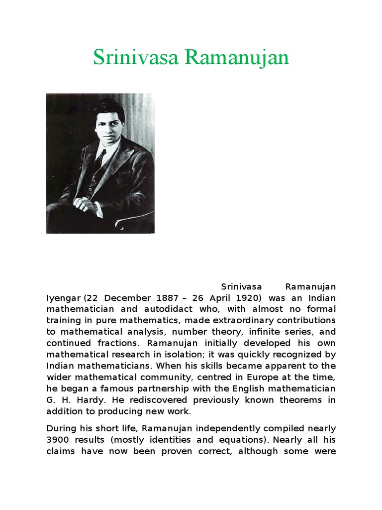 Srinivasa Ramanujan | PDF | Teaching Mathematics | Mathematical Analysis