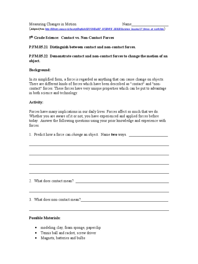 5th Grade Unit 1 Changes in Motion - Contact Vs Noncontact Forces | PDF ...