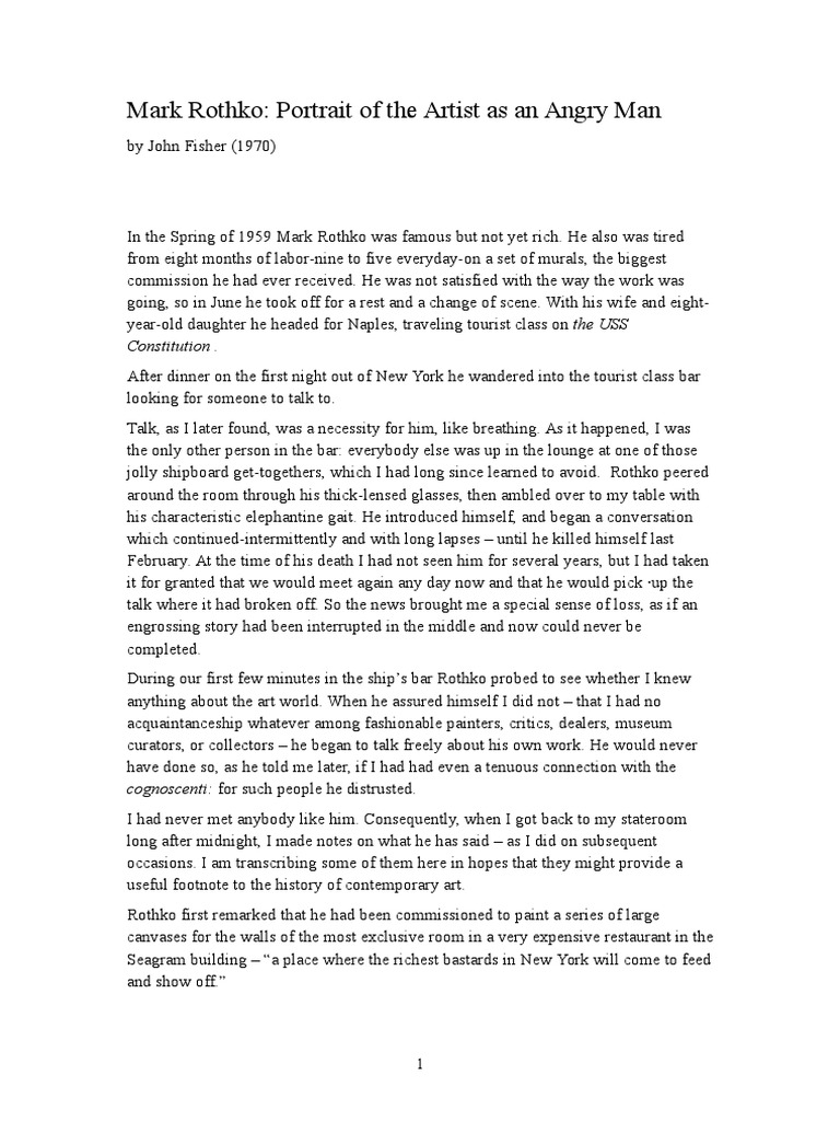 John Fisher - Mark Rothko, Portrait of The Artist As An Angry Man | PDF ...