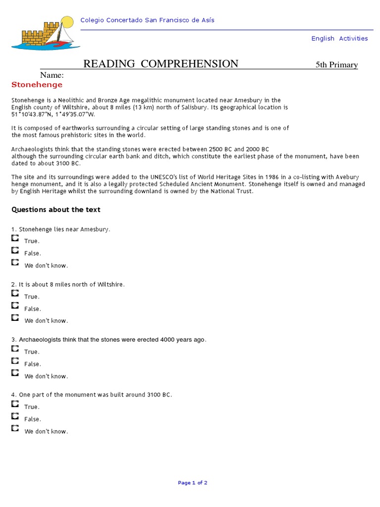 Reading Comprehension 5th Primary Name Pdf Social Science