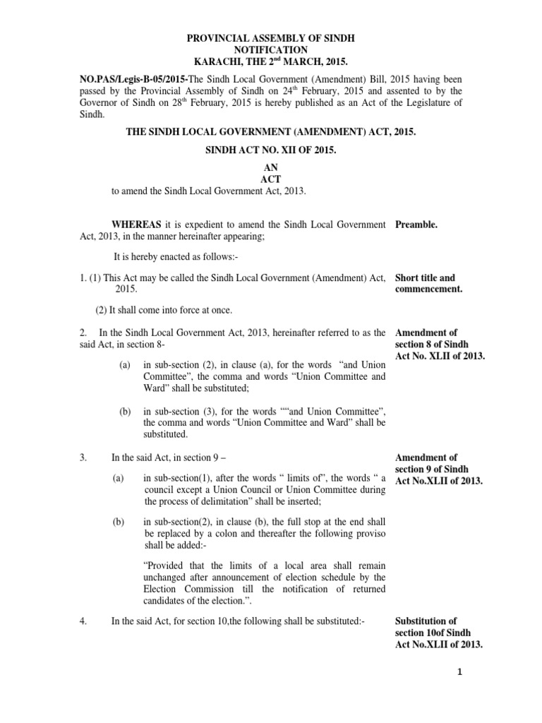 The Sindh Local Government (Amendment) Act, 2015 | PDF | Local ...