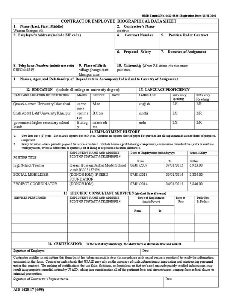 PR3.2.7.3 Contractor Employee Bio Data Sheet | PDF | United States ...