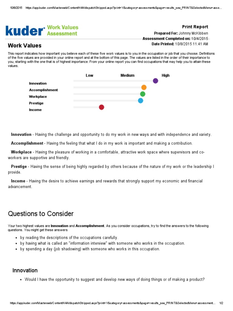 Work Values Assessment | PDF