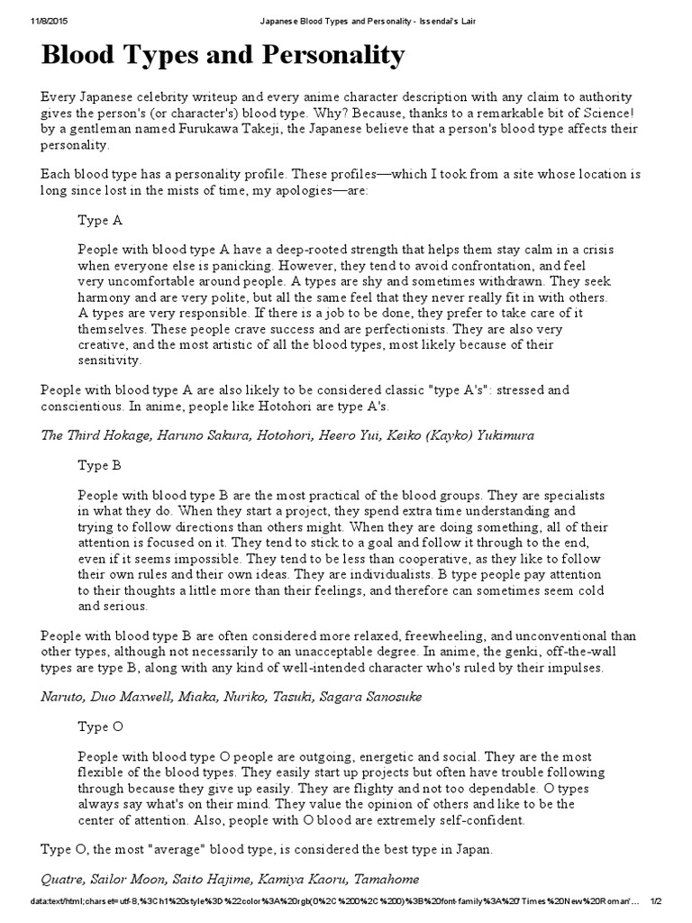 Blood Types and Personality | PDF