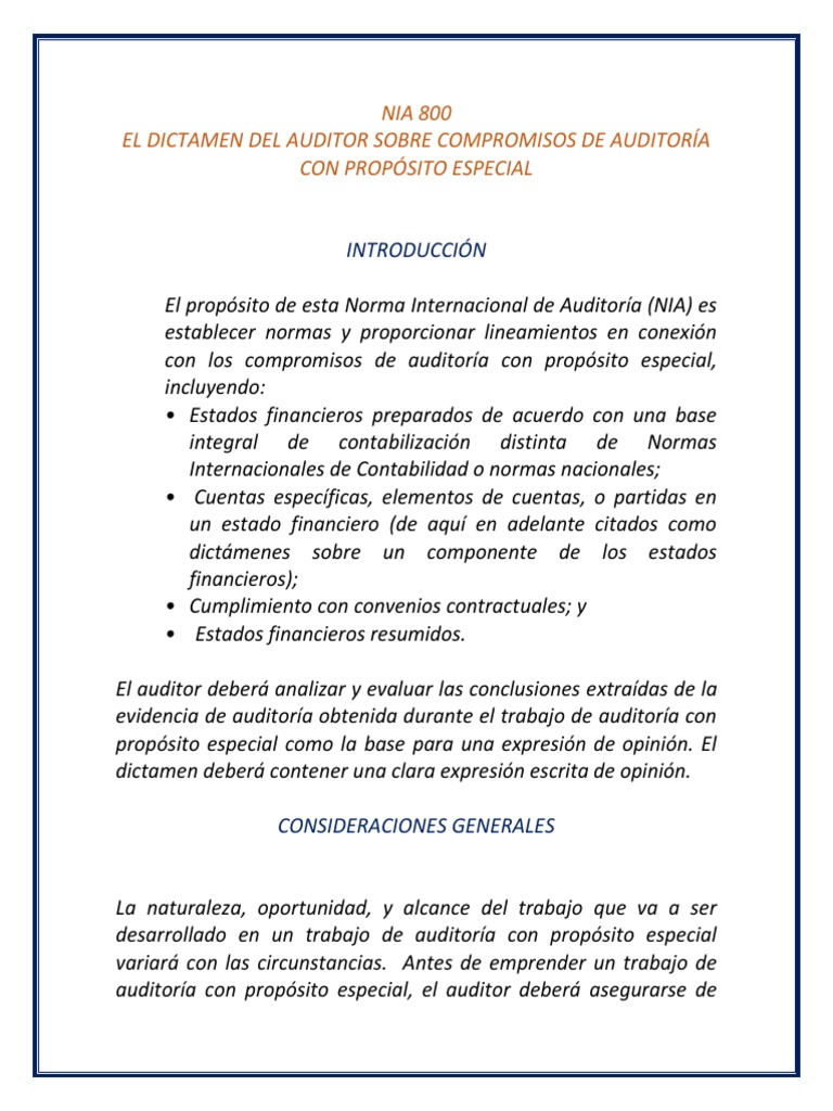 nia 800 | Contralor, auditor | Auditoría financiera