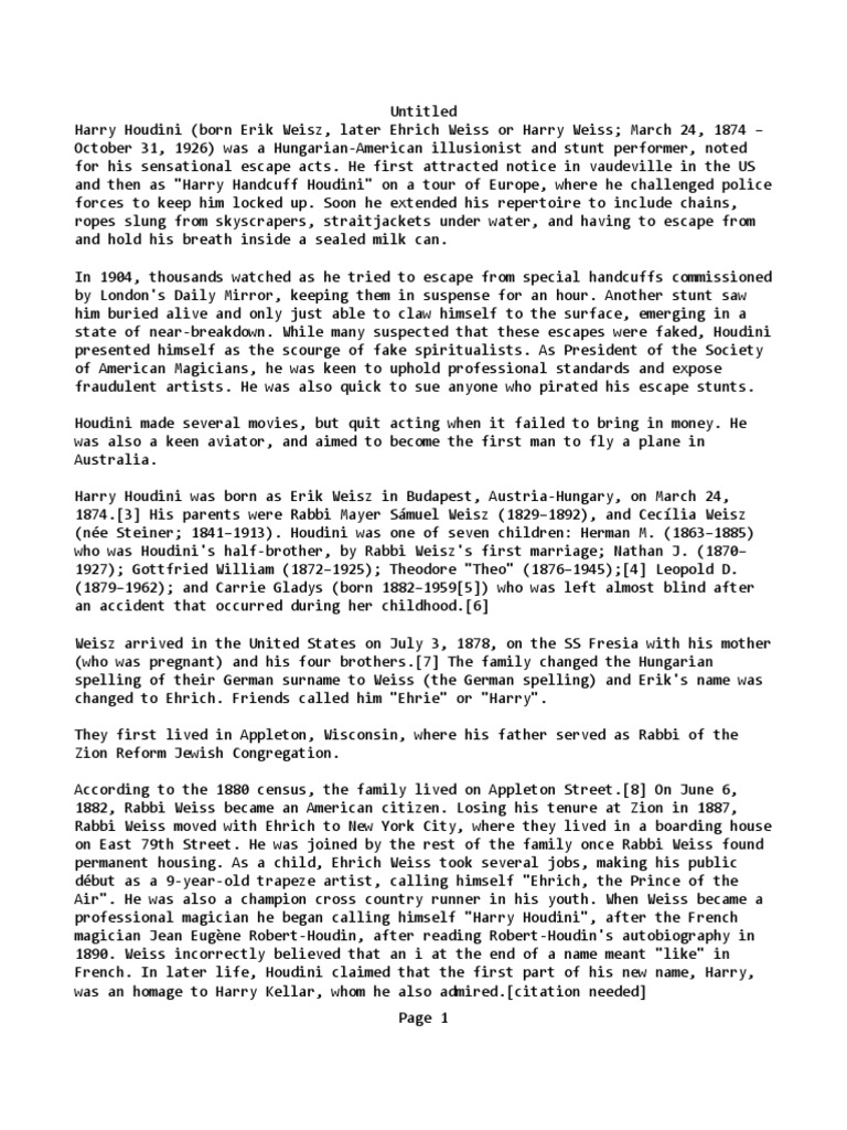 Harry Houdini Essay | PDF | Harry Houdini | Magic (Illusion)