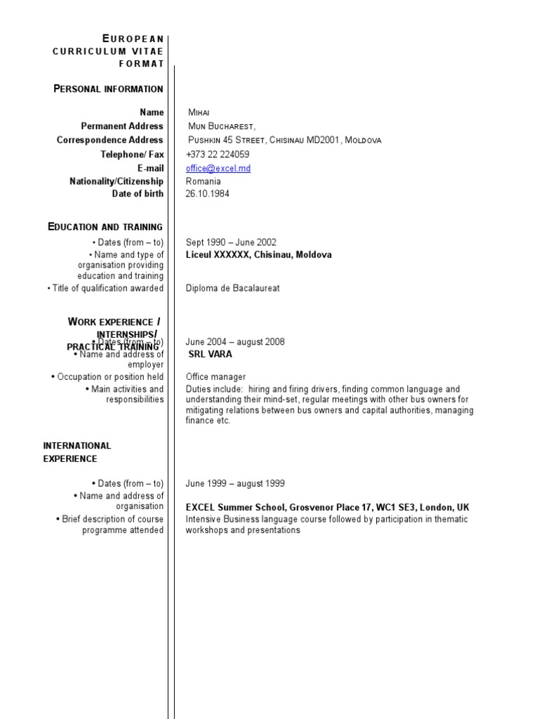 Cv-Eu Format School Leavers51 | PDF | Career & Growth
